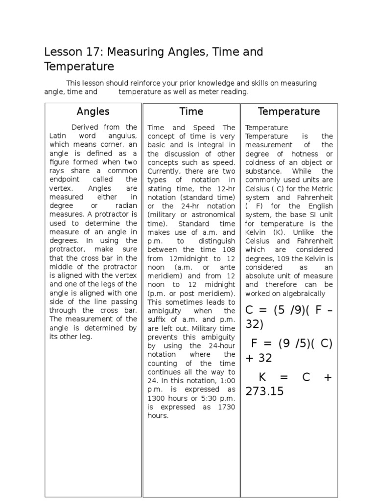 Lesson 17: Measuring Angles, Time and Temperature | PDF