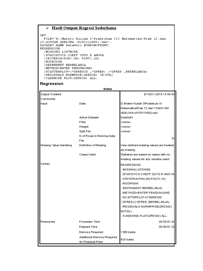 Hasil Output Regresi Sederhana: Regression | PDF | Errors And Residuals | Inference