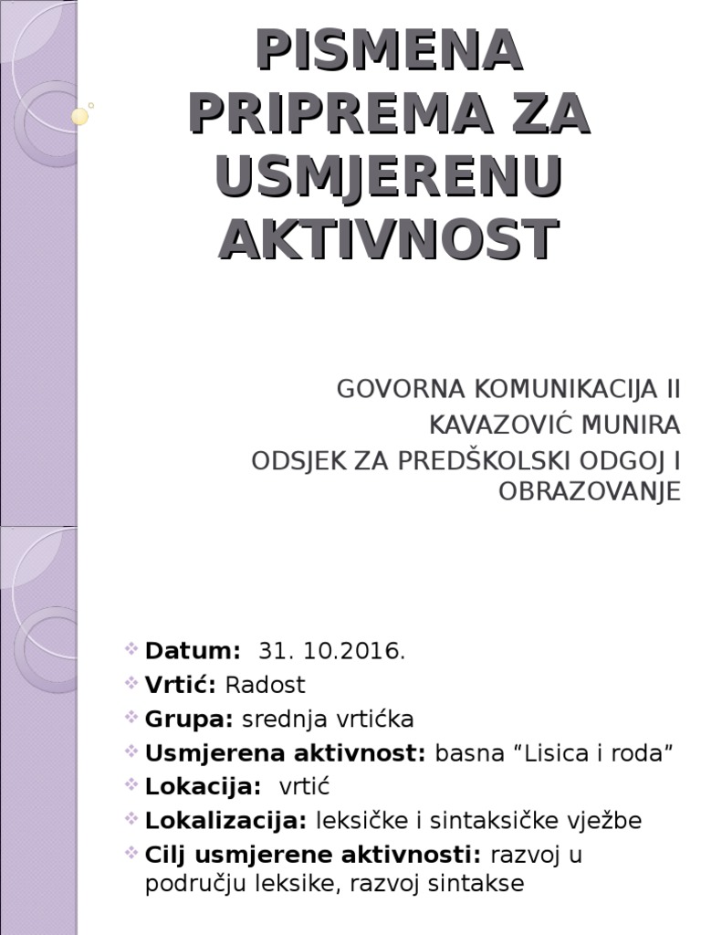 Pismena Priprema Za Usmjerenu Aktivnost | PDF