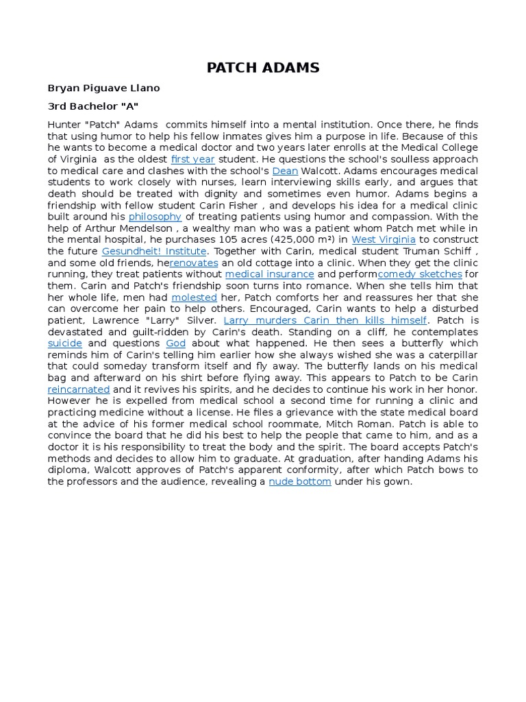 Patch Adams: Bryan Piguave Llano 3rd Bachelor "A" | PDF | Health Sciences | Medicine