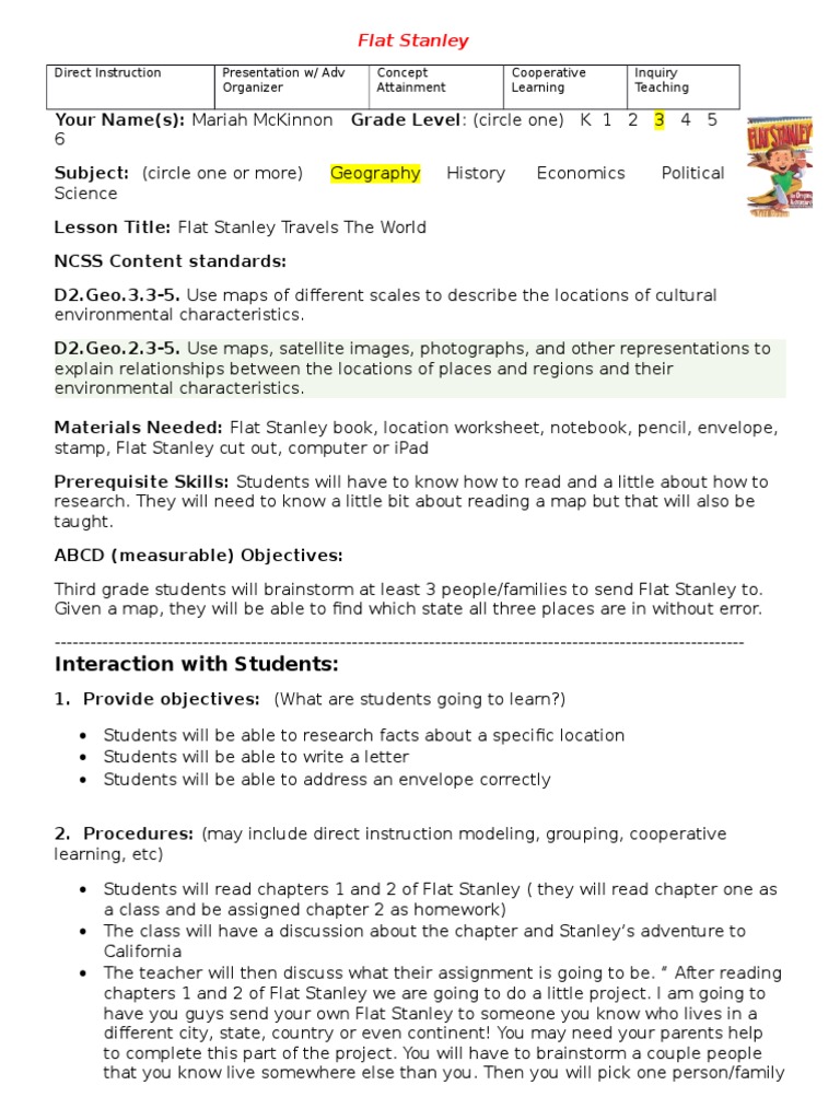 Flat Stanley Global Adventure Lesson Plan | PDF | Teaching | Education ...