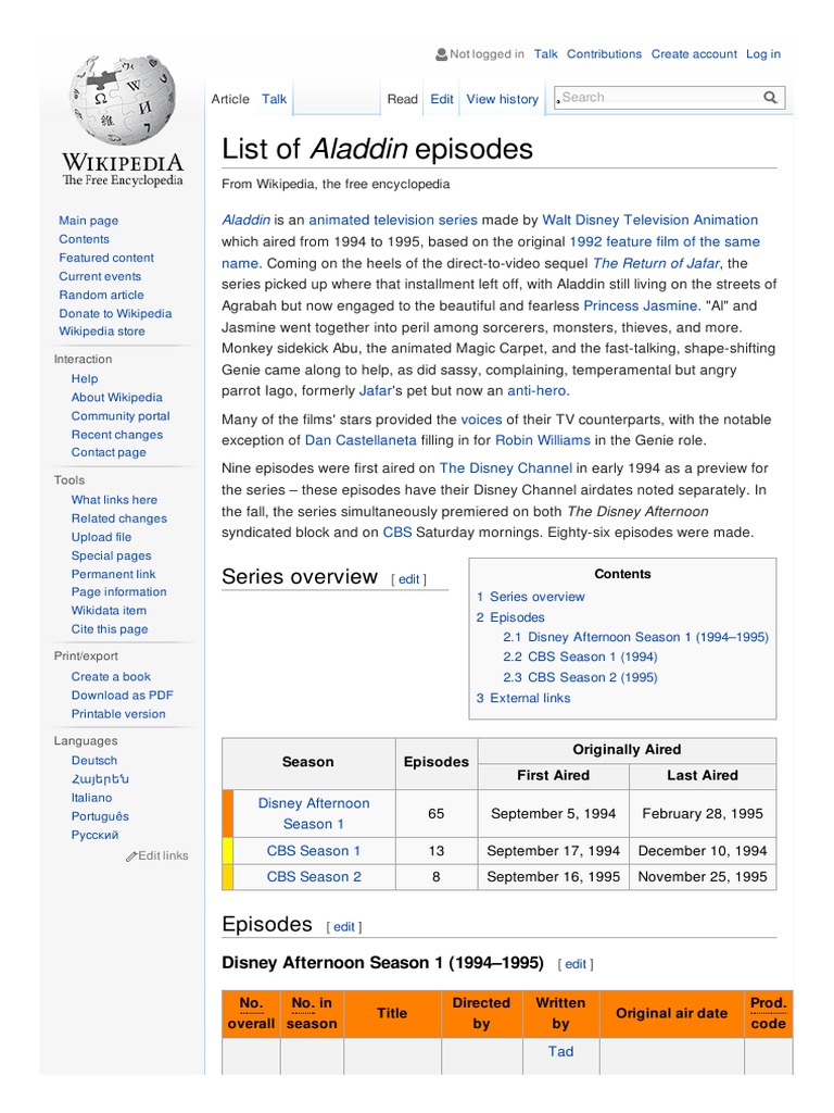 En Wikipedia Org Wiki List of Aladdin Episodes | PDF