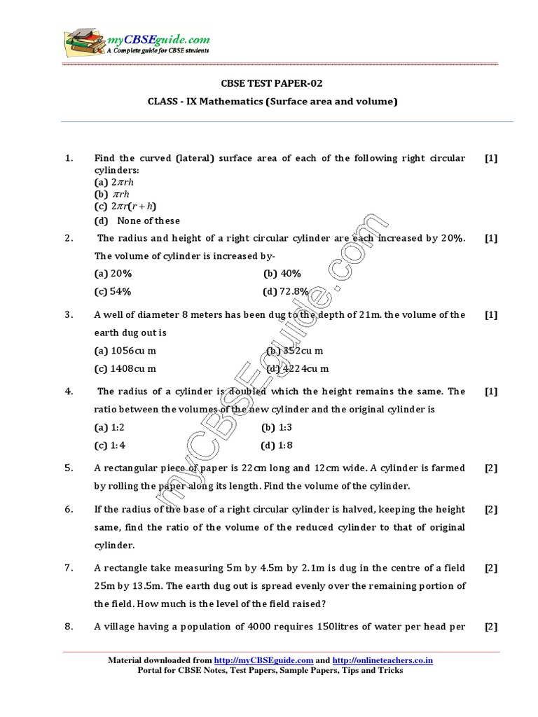 09 Mathematics Surface Areas and Volume Test 02 | PDF | Surface Area ...