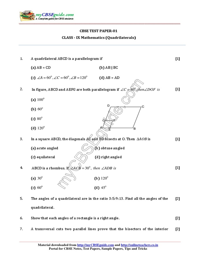 Class IX Quadrilaterals Test Paper | PDF