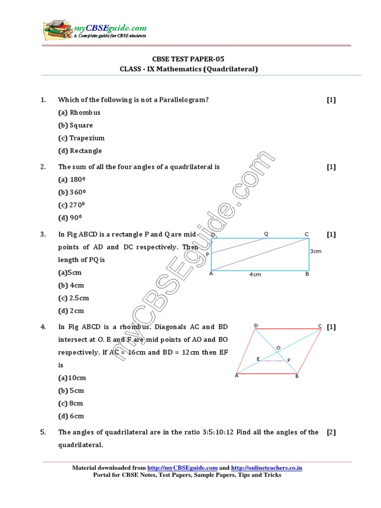 09 Mathematics Quadrilateral Test 05 PDF | PDF