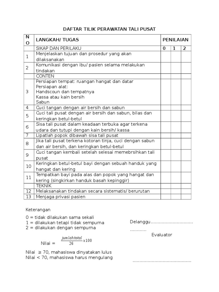 DAFTAR TILIK PERAWATAN TALI PUSAT+JOB SHEET