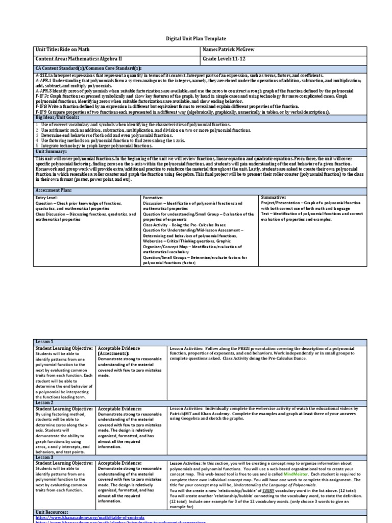 Digital Unit Plan Template1 | PDF | Polynomial | Factorization