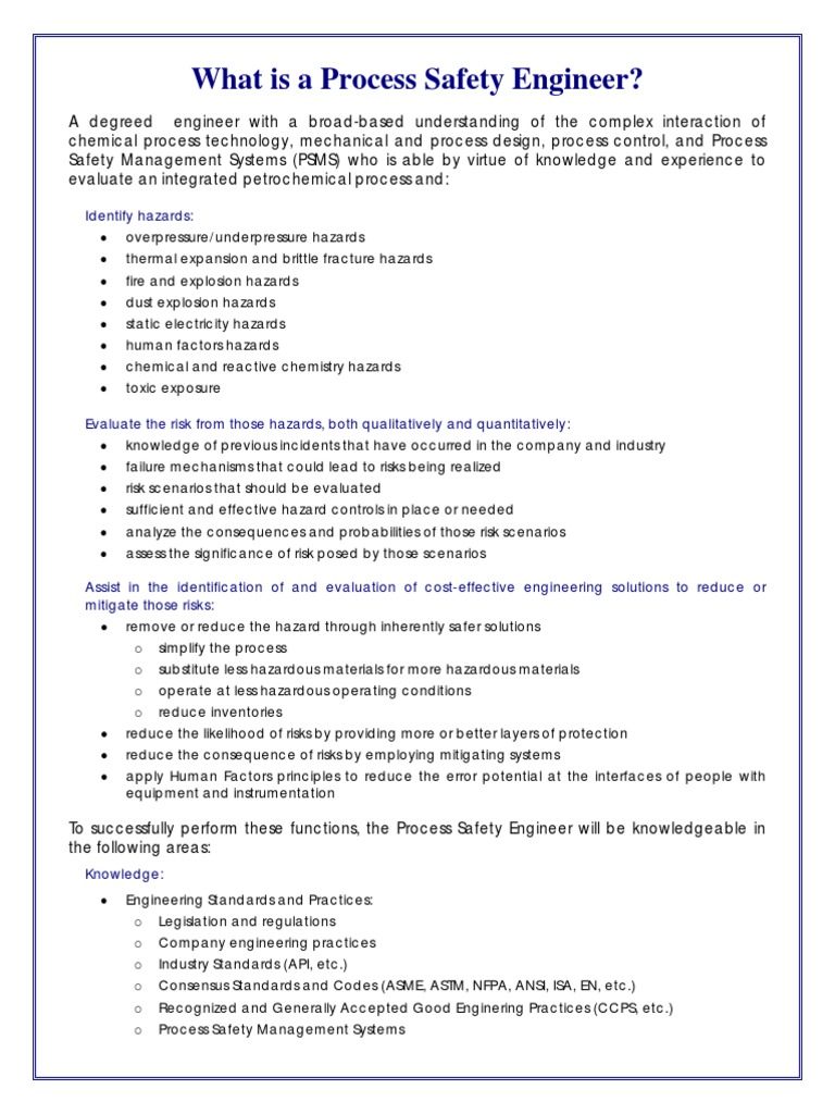 Role of a Process Safety Engineer | PDF | Hazards | Risk