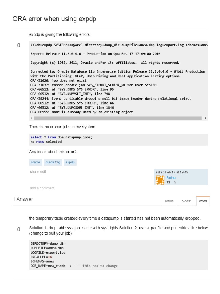Oracle Ora Error When Using Expdp Stack Overflow Pdf