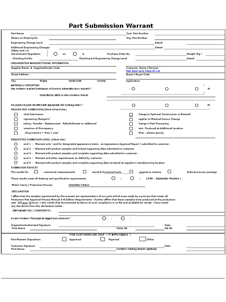 Part Submission Warrant for New Swan Auto Components Private Limited ...