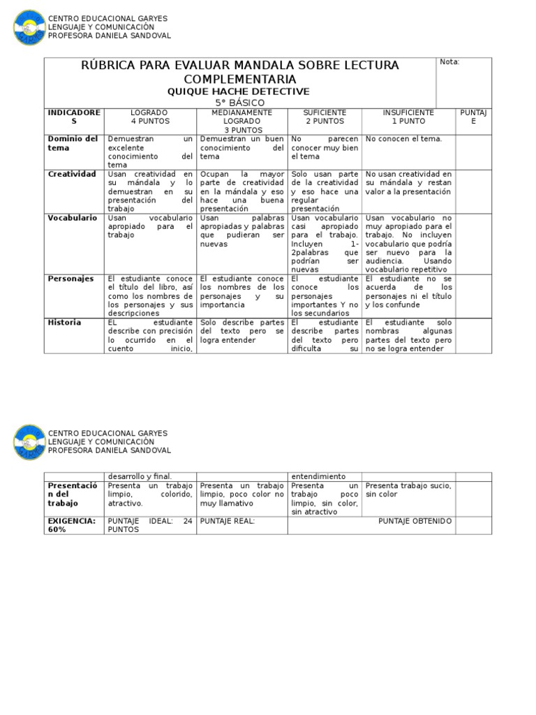 Rúbrica de Evaluación para Mandala 5° Básico | PDF