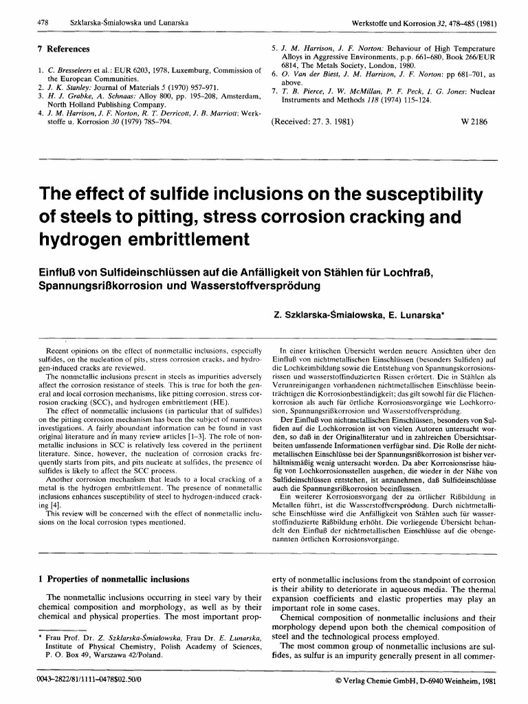 The Effect of Sulfide Inclusions On The Susceptibility of Steels To ...