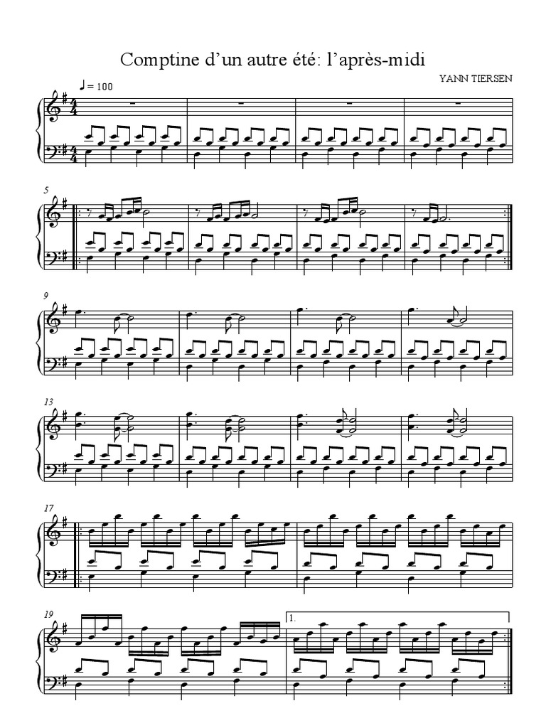 Sheet Music Piano Comptine D Un Autre été Amelie Poulain By Yann