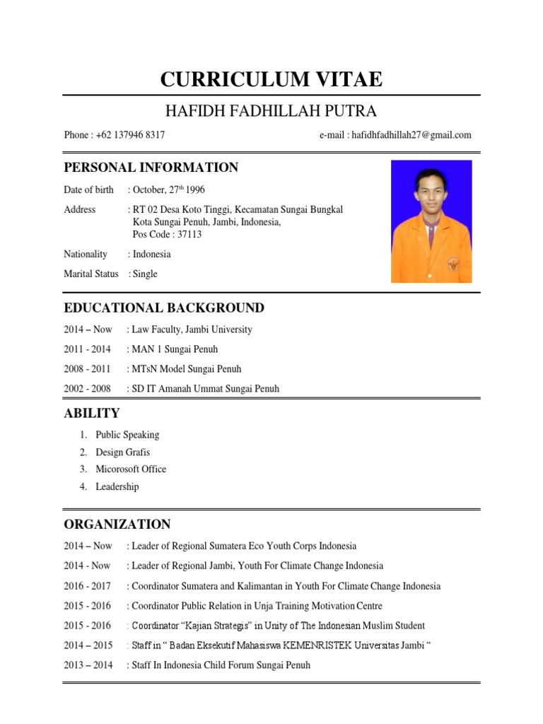 Curriculum Vitae Hafidh Fadhillah Putra Terbaru | PDF