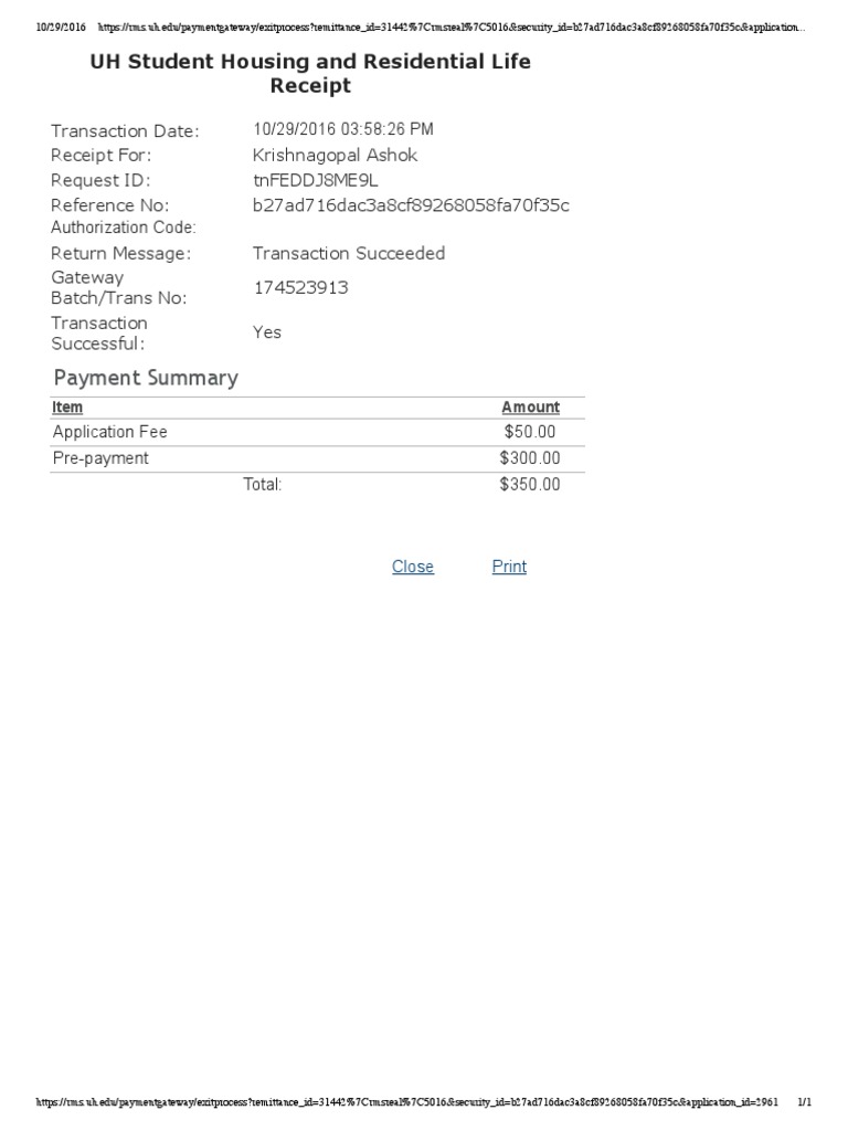 Payment Summary: UH Student Housing and Residential Life Receipt | PDF ...