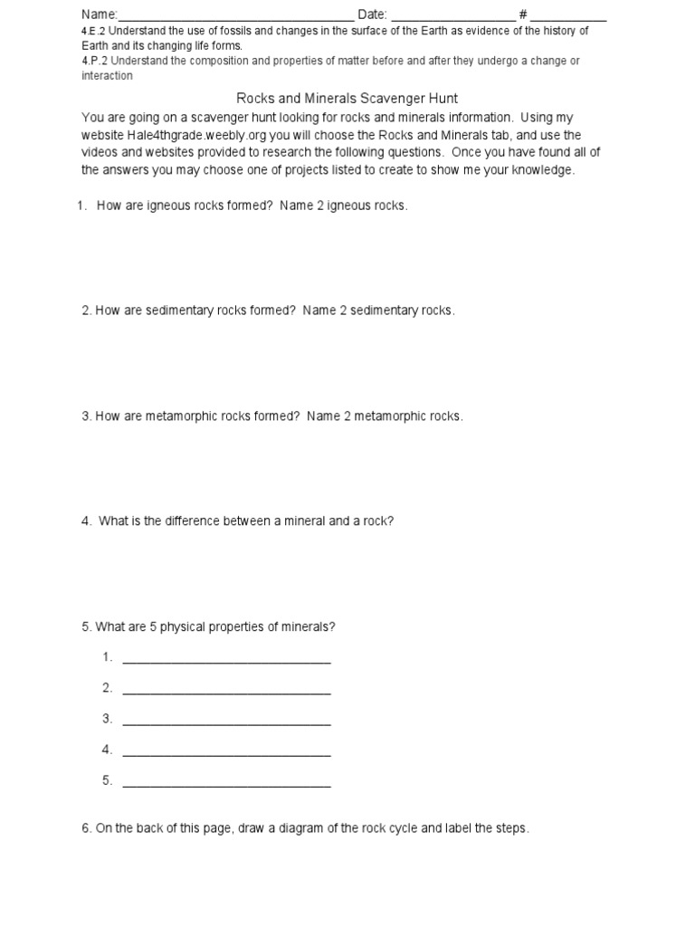 Rocks and Minerals Scavenger Hunt | PDF | Rock (Geology) | Natural ...