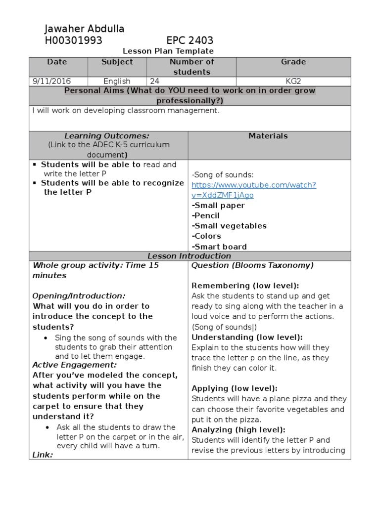 Letter P Lesson Plan | PDF | Behavioural Sciences | Quality Of Life