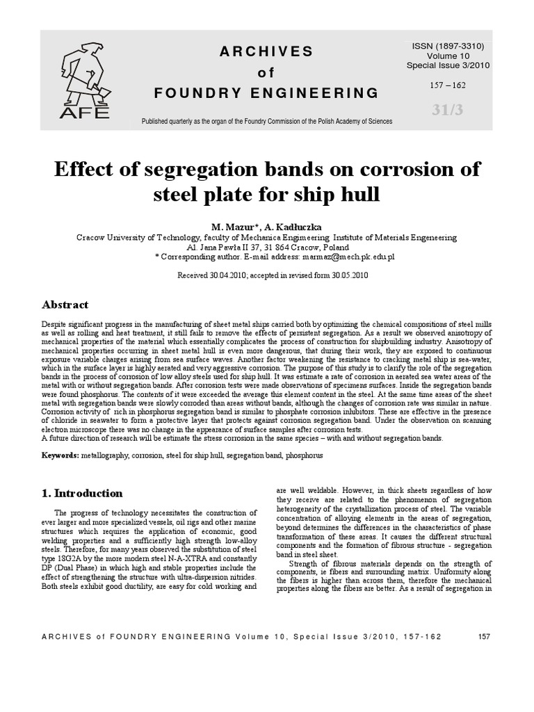 Effect of Segregation Bands On Corrosion of Steel Plate For Ship Hull ...