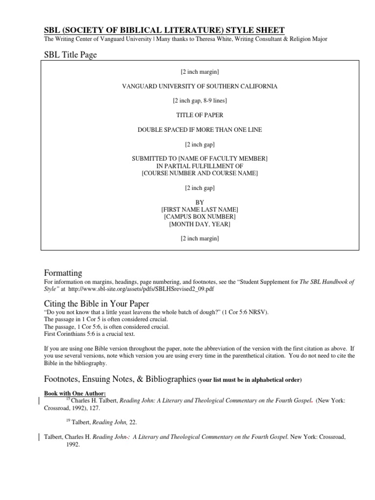 SBL Style Sheet | PDF | Citation | Bible