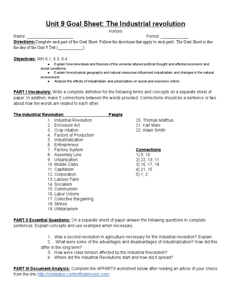 Unit 09 Goalsheettheindustrialrevolutionhonors | PDF | Factors Of ...