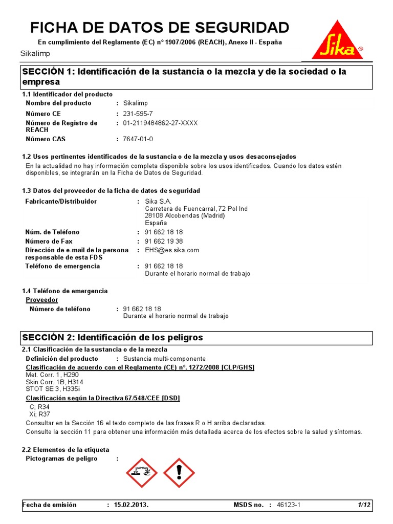 Ficha de Seguridad - Sikalimp | PDF | Residuos | Toxicidad