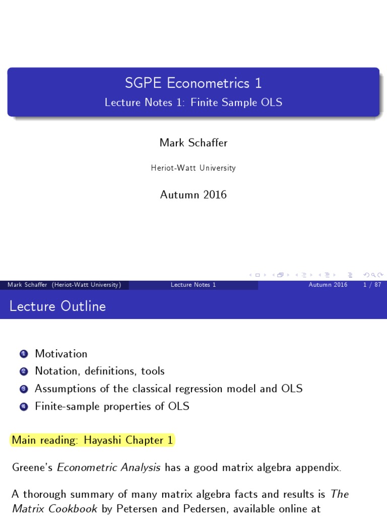 SGPE Econometrics Lecture 1 OLS | PDF | Ordinary Least Squares | Estimator