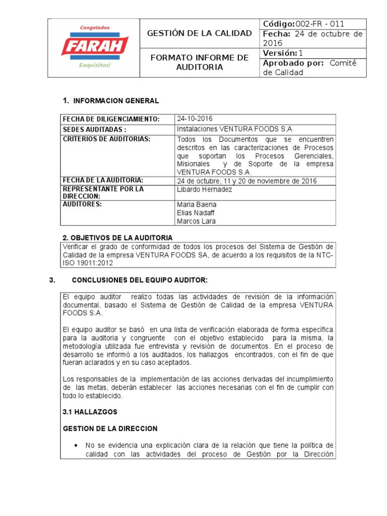 Informe de Auditoria | Gestión de la calidad | Calidad (comercial ...