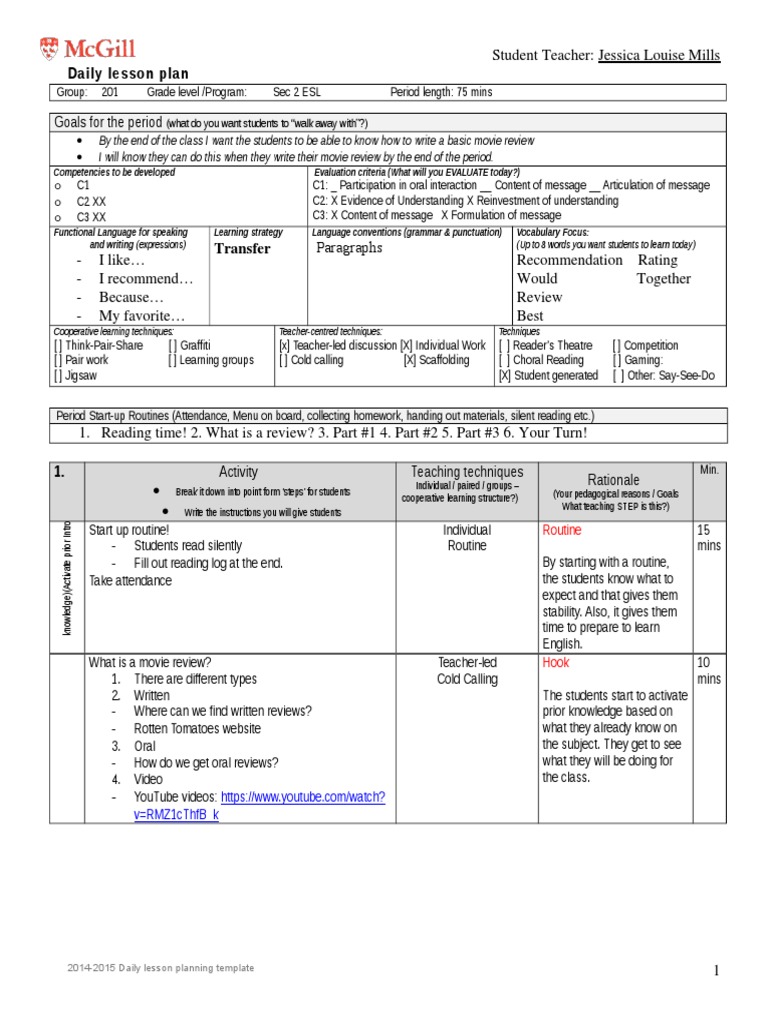 Movie Review Lesson Plan for ESL | PDF | Lesson Plan | Cognition