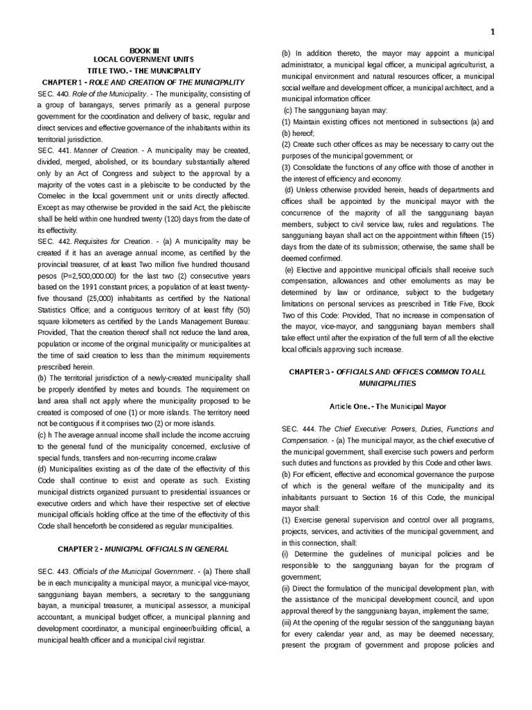 Book Iii Local Government Units Title Two. - The Municipality Chapter 1 ...