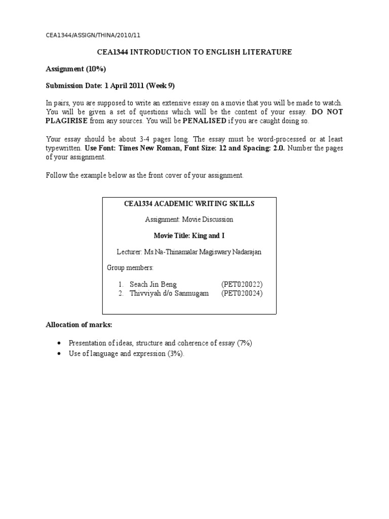 Cea1344 Introduction To English Literature Assignment (10%) Submission ...