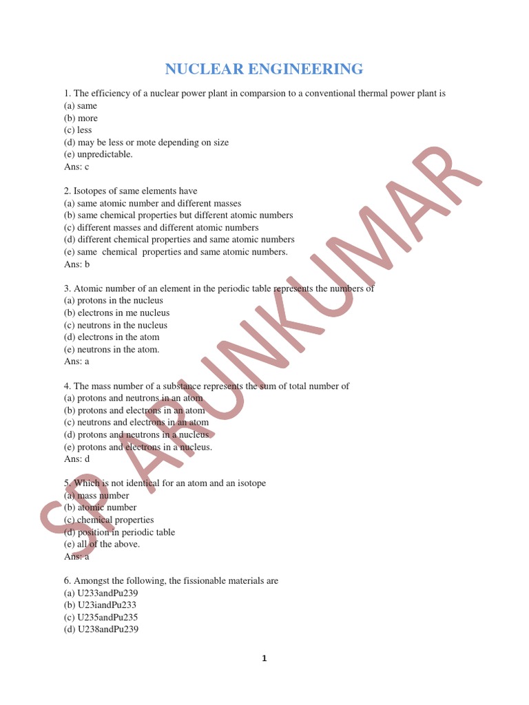 Nuclear Engineering MCQ Questions | PDF | Nuclear Reactor | Nuclear Fission