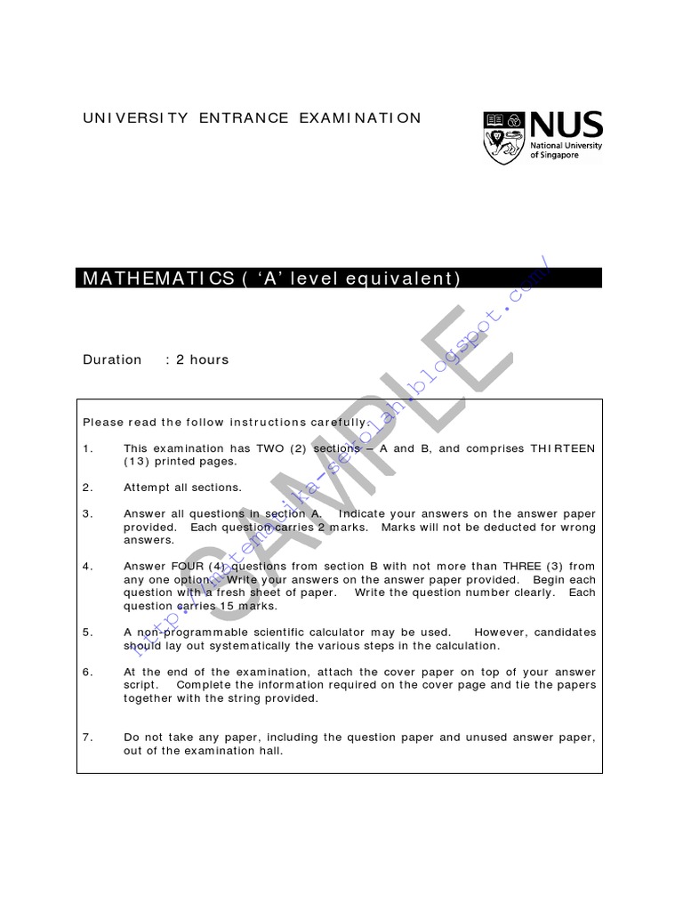 MATHEMATICS ( A' Level Equivalent) : University Entrance Examination | PDF