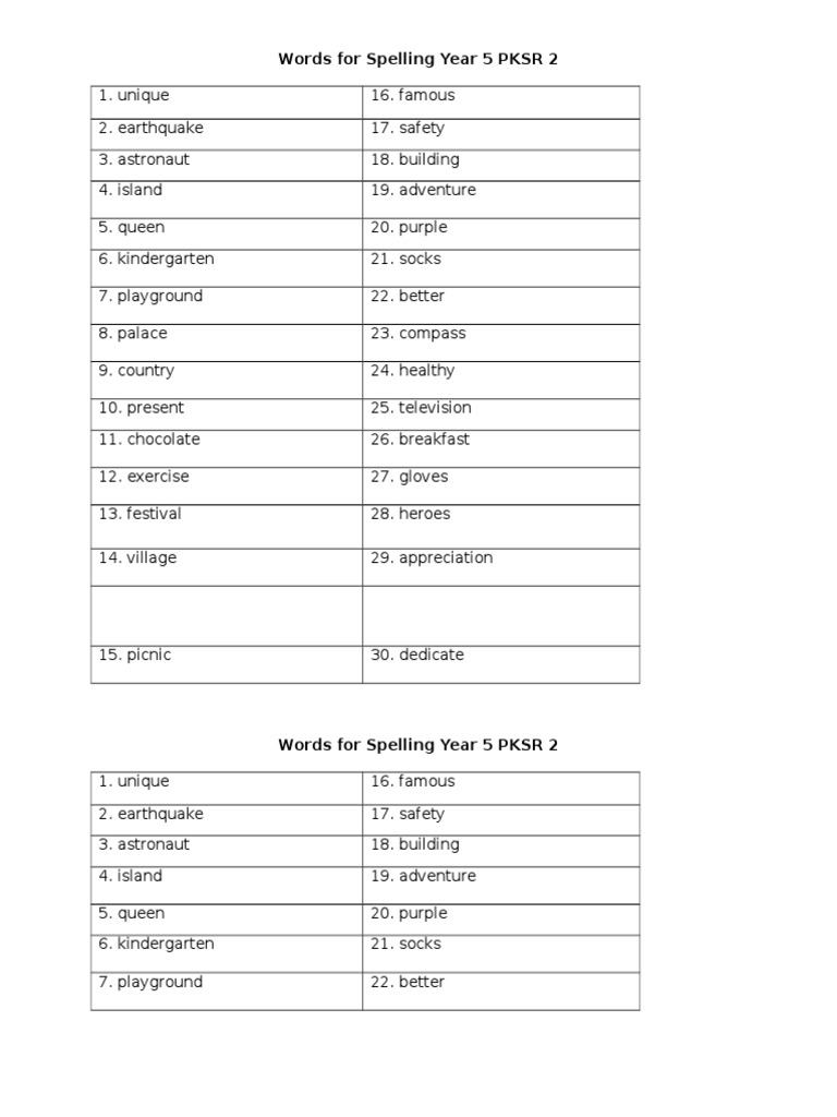 Words For Spelling Year 5 PKSR 2 | PDF