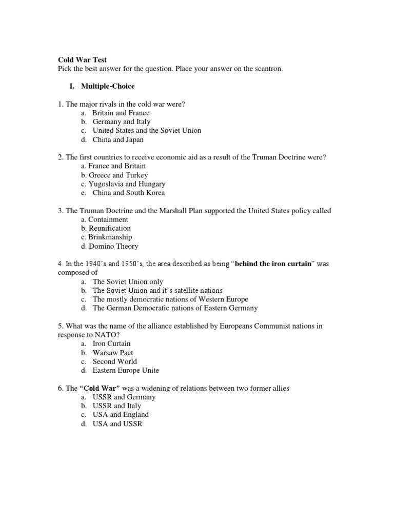 Cold War Test | PDF | Warsaw Pact | Cold War