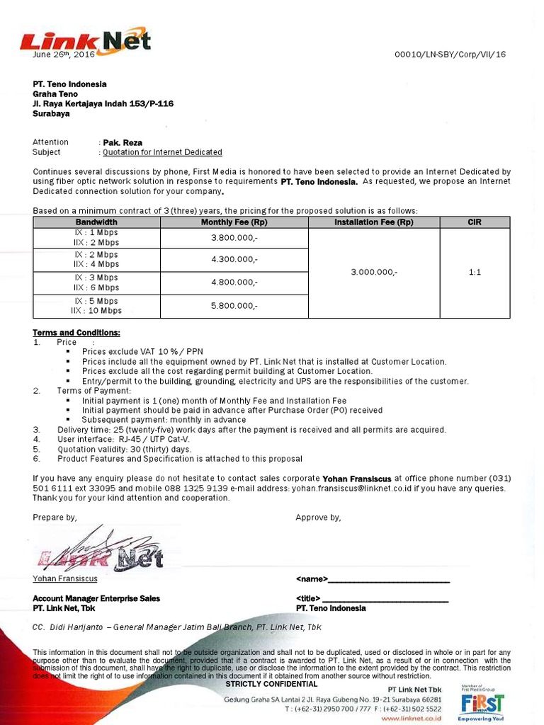 Quotation Internet Dedicated Fiber Optic First Media Enterprise For PT ...