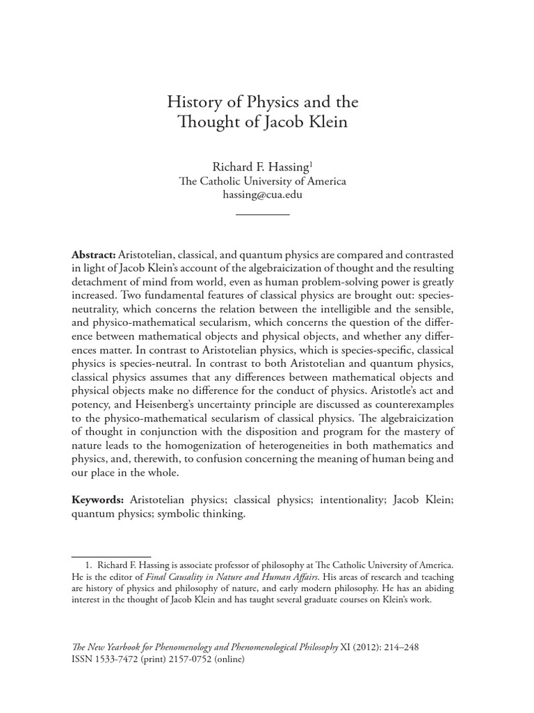 Richard F Hassing History of Physics and The Thought of Jacob Klein 2 ...