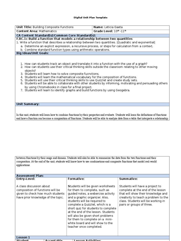 Composite Functions Unit Plan for Grades 10-11 | PDF | Function ...