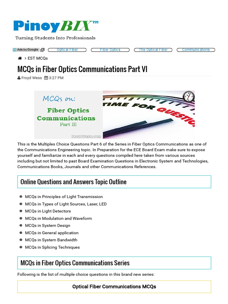 Mcqs In Fiber Optics Communications Part Vi Pinoybix Engineering Review Pdf Pdf Laser 