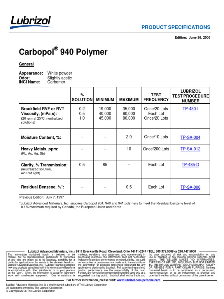 SPEC Carbopol 940 PDF | PDF