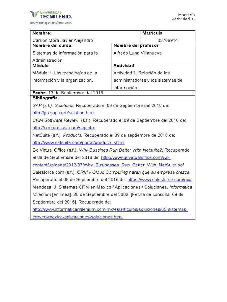 Actividad 1. Cuadro Integrador | PDF | Software | Business