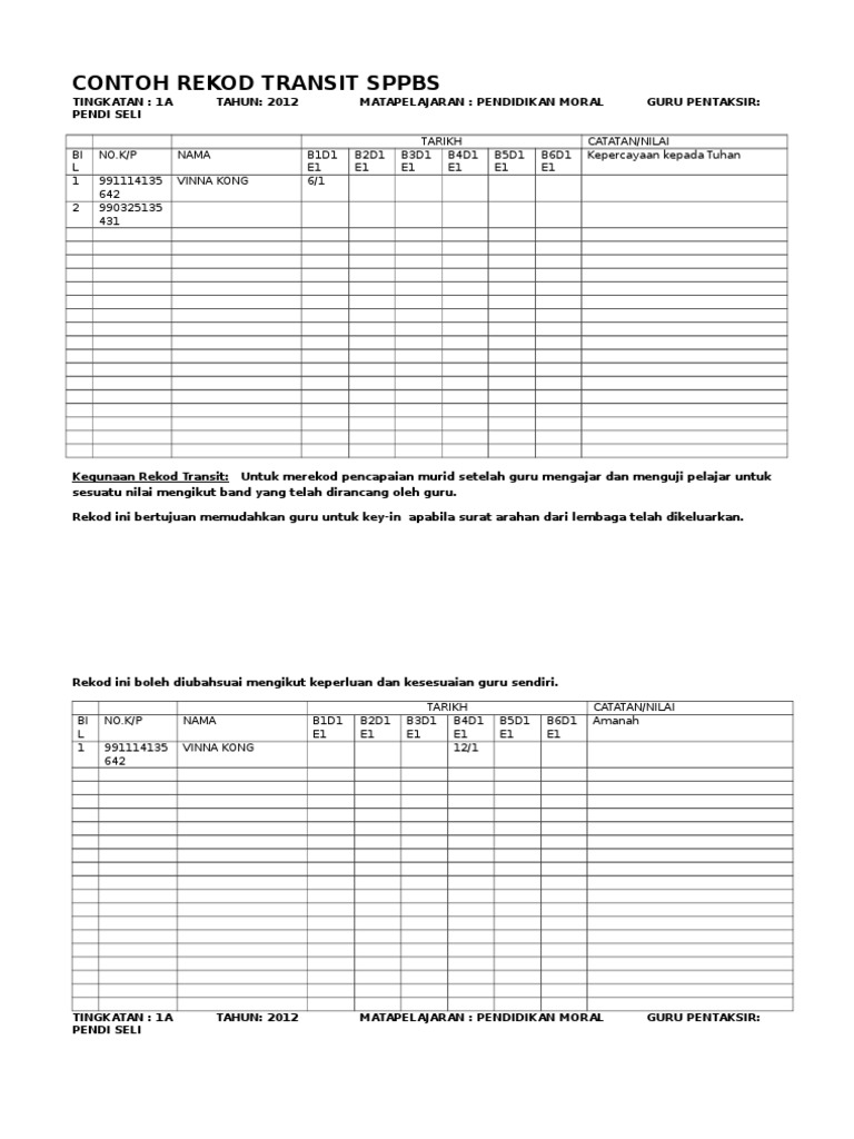 Contoh Rekod Transit Moral | PDF