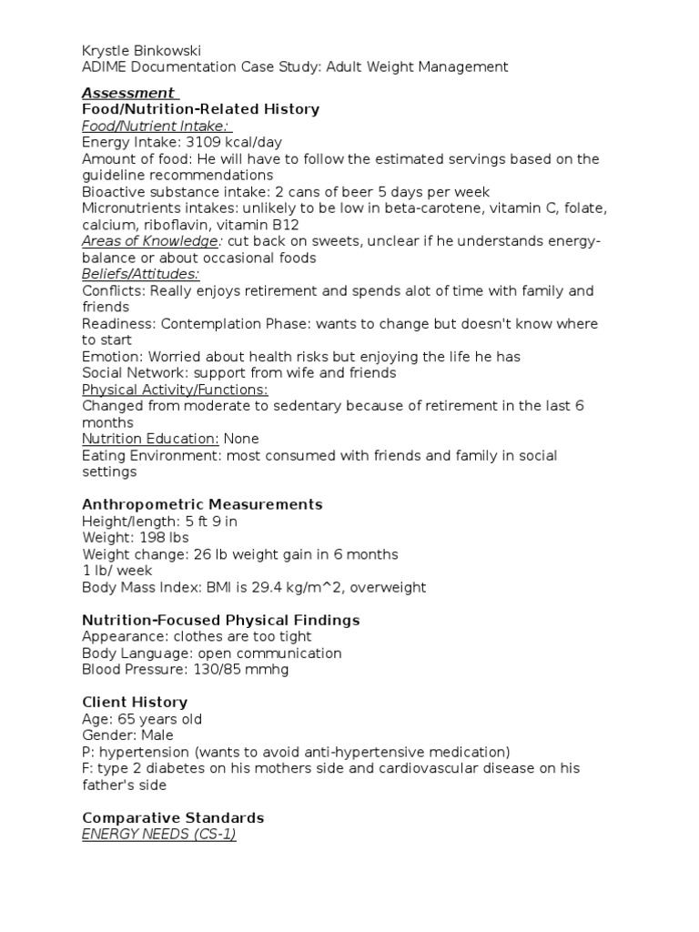 Krystle Binkowskis Adime Documentation Case Study - Adult Weight Management | PDF | Weight ...