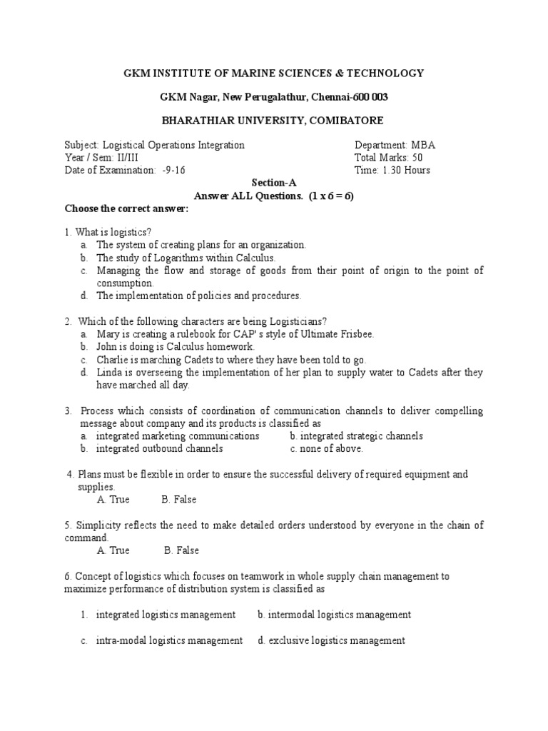 Logistics Question Paper | Logistics | Business Process
