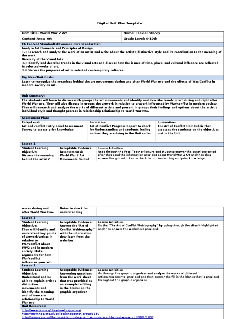 World War 2 Art Unit Plan Template | PDF | Educational Assessment ...