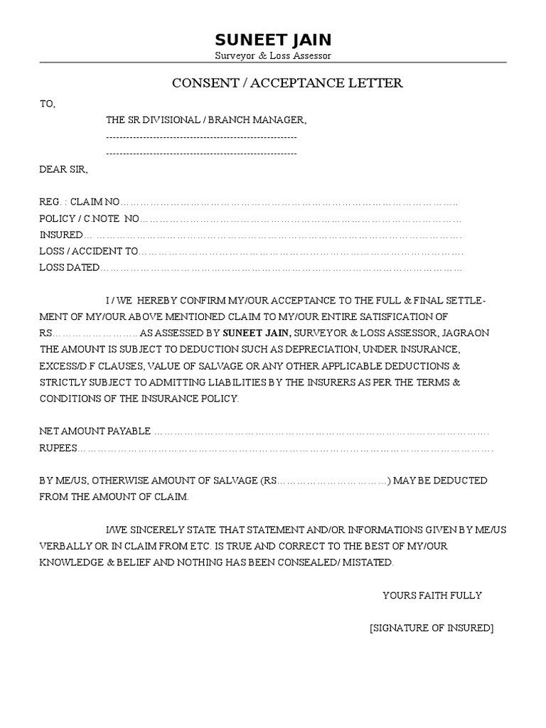 Suneet Jain: Consent / Acceptance Letter | PDF | Insurance | Financial Risk