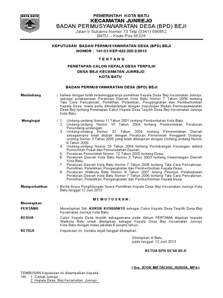 Contoh SK BPD TTG Penetapan Kepala Desa | PDF