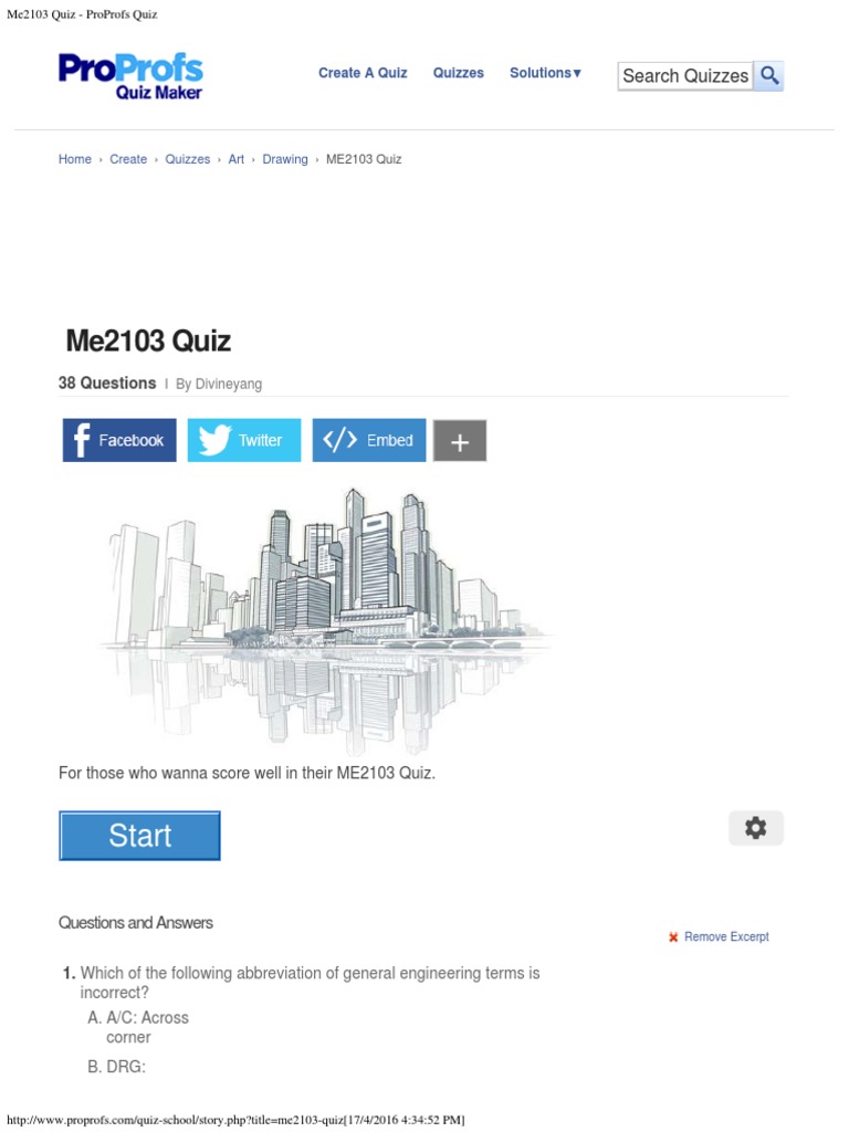 Me2103 Quiz - ProProfs Quiz | PDF | Drawing | Angle