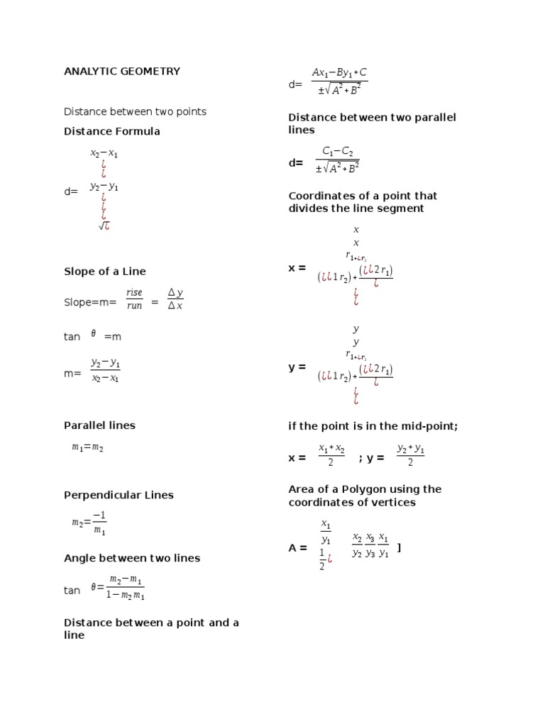 Analytic Geometry Formulas Pdf Euclidean Geometry Space