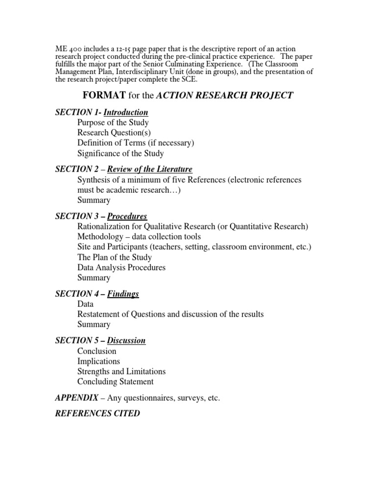 Format For The Action Research Project: SECTION 1-Introduction | PDF ...
