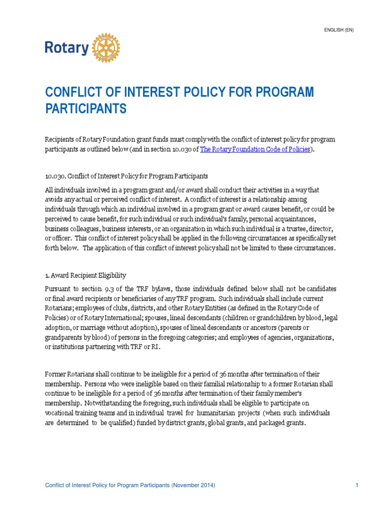 Rotary Conflict of Interest Policy | PDF | Conflict Of Interest | Business